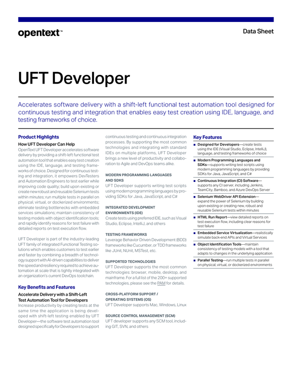 OpenText Functional Testing for Developers Data Sheet OpenText Functional Testing for Developers Data Sheet