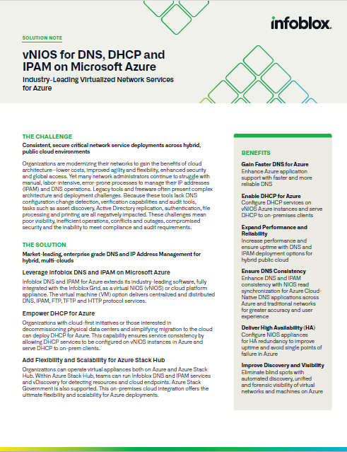 vNIOS for DNS, DHCP and IPAM on Microsoft Azure