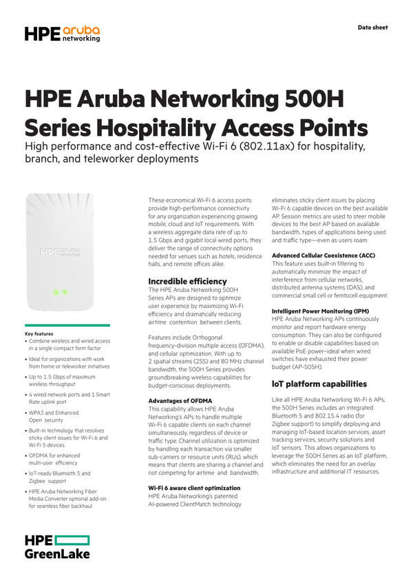 HPE Aruba Networking 500H Series Hospitality Access Points [15 min read ...