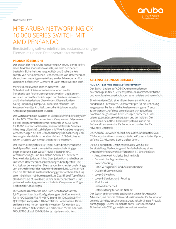 HPE Aruba Networking CX 10.000 Series Switch mit AMD Pensando