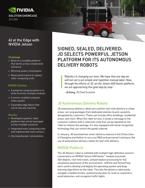 JD selects powerful Jetson platform for its autonomous delivery robots