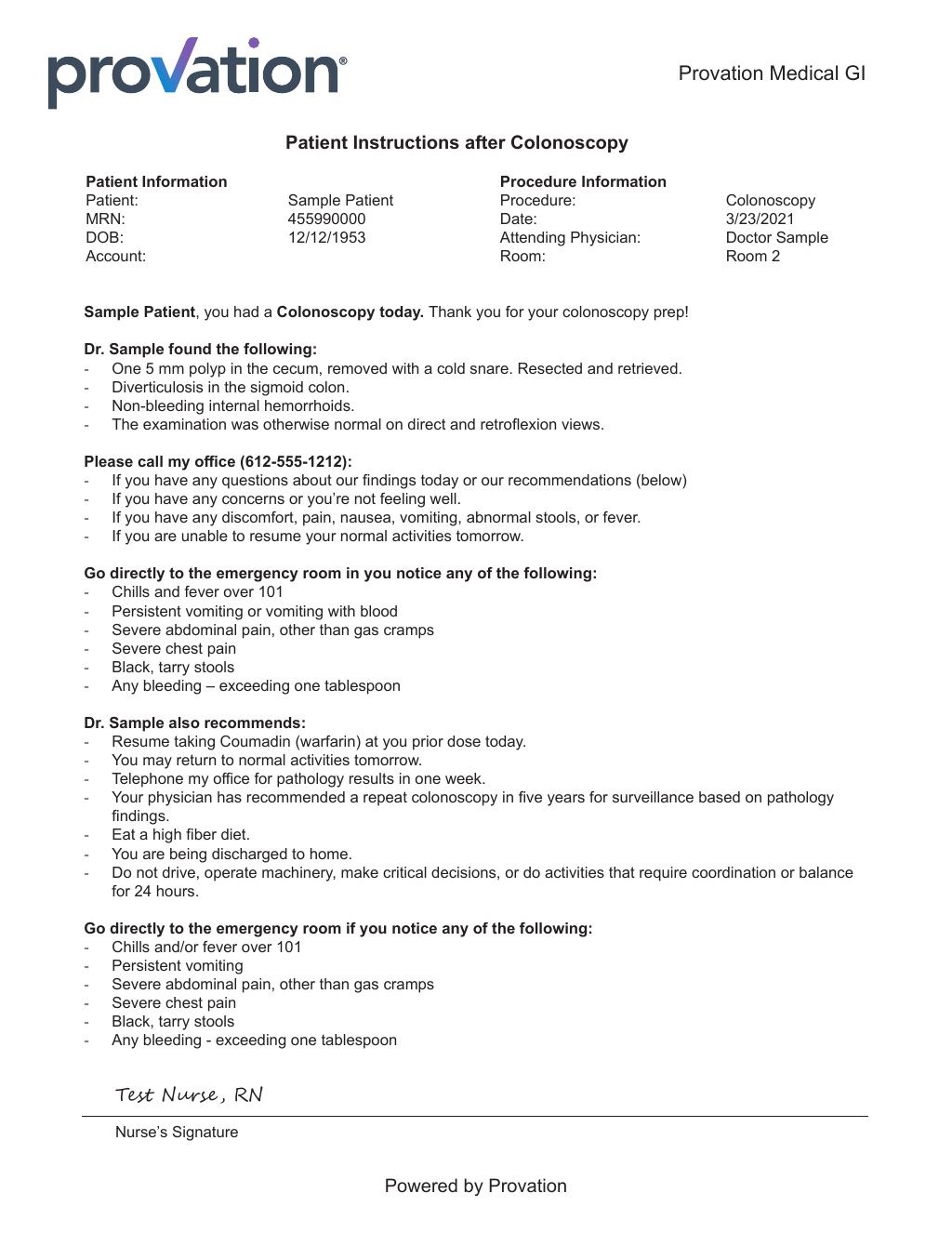 Post-Colonoscopy Patient Instructions Example - Provation Apex