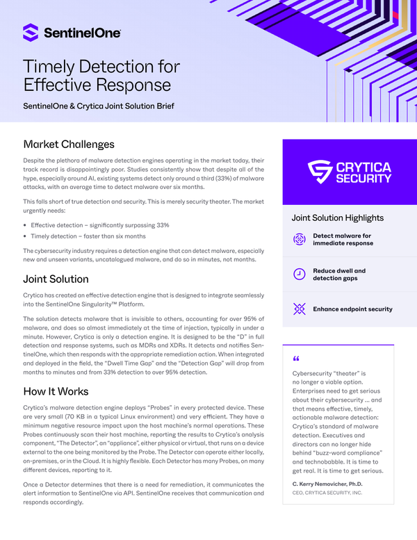 SentinelOne & Crytica Joint Solution Brief