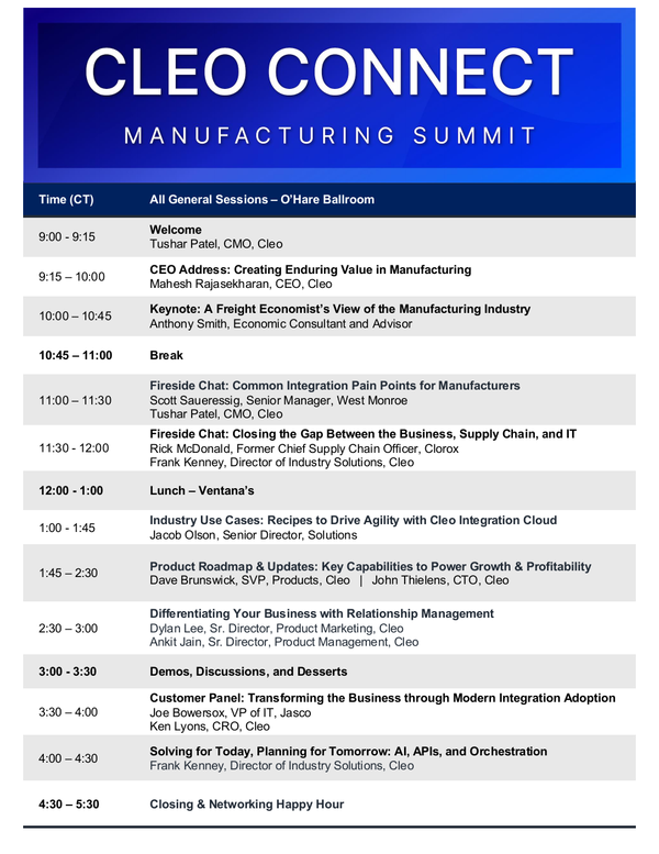 Cleo Connect: Manufacturing Summit Agenda