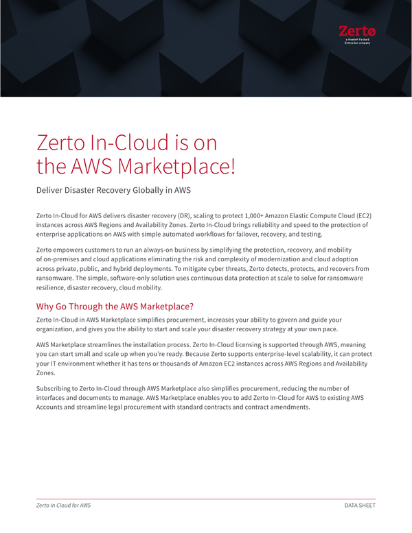 Zerto In Cloud For AWS - In AWS Marketplace | Datasheet
