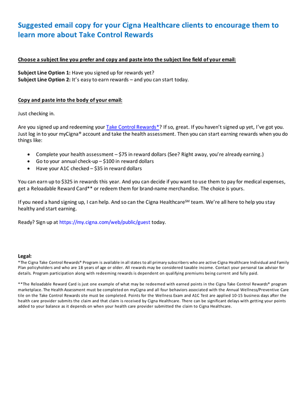 Cigna Healthcare Take Control Rewards follow-up Client Email