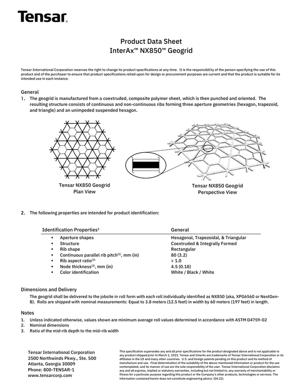 Tensar InterAx NX850 Product Data Sheet