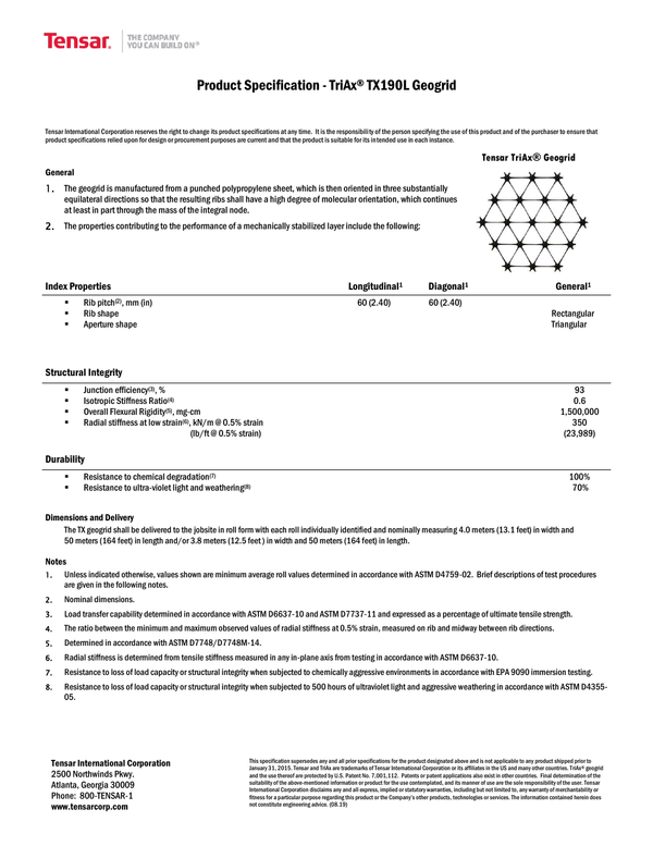 Tensar TriAx TX190L Geogrid Product Data Sheet