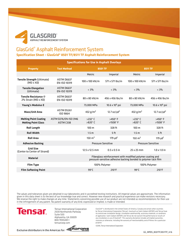 GlasGrid Asphalt Reinforcement System GG8501TF/GG8511TF Product Data Sheet