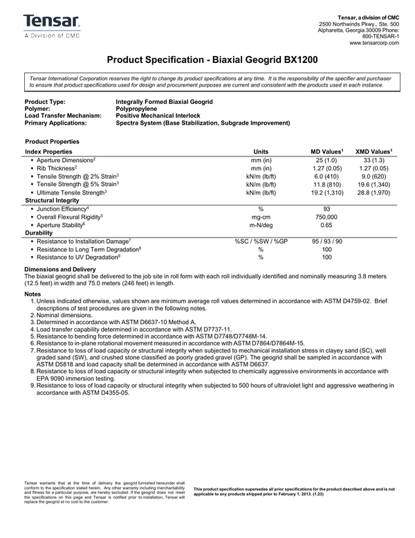 Biaxial Geogrid BX1200 Product Data Sheet