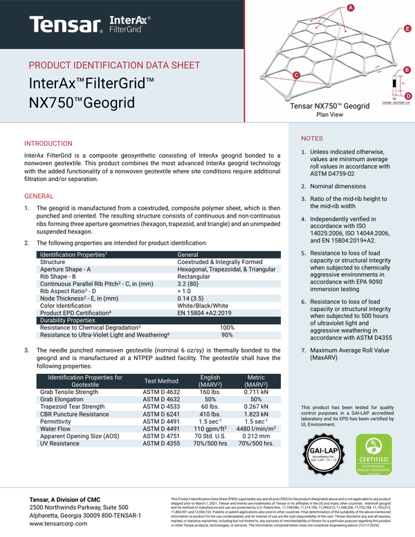 Tensar InterAx FilterGrid NX750F Geogrid Product Data Sheet