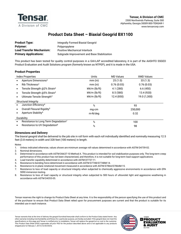 Biaxial Geogrid BX1100® Product Data Sheet