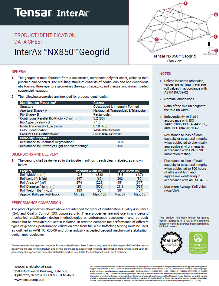 Tensar InterAx NX850 Product Data Sheet