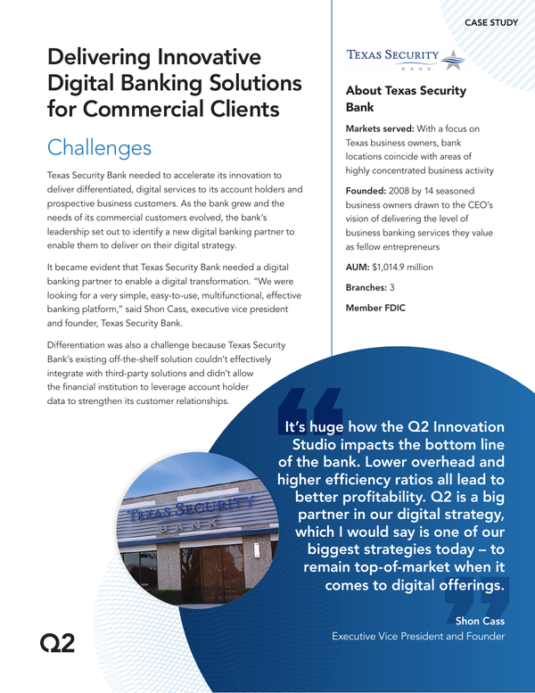 Texas Security Bank Taps Q2 Innovation to Improve its Commercial Banking