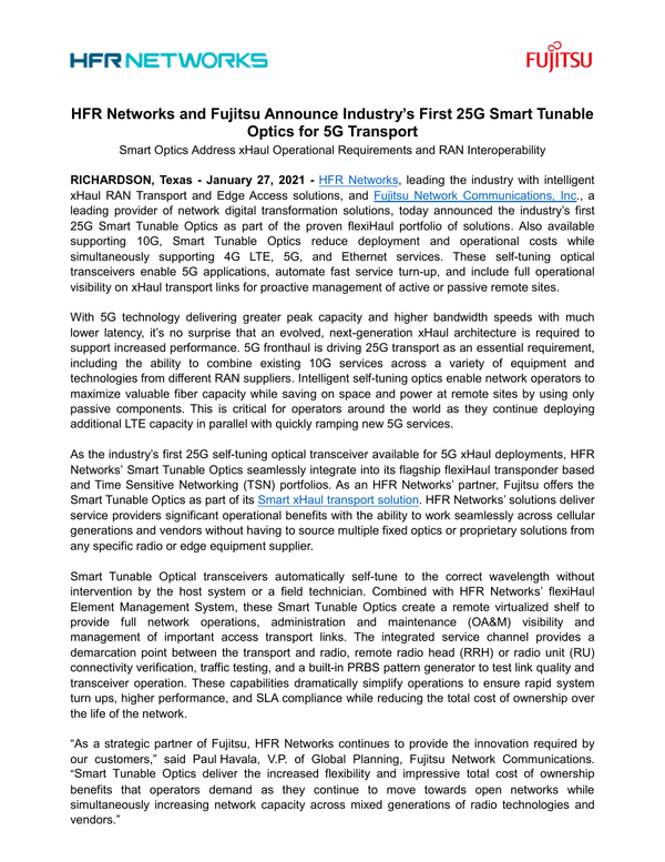 HFR Networks and Fujitsu Announce Industry’s First 25G Smart Tunable ...